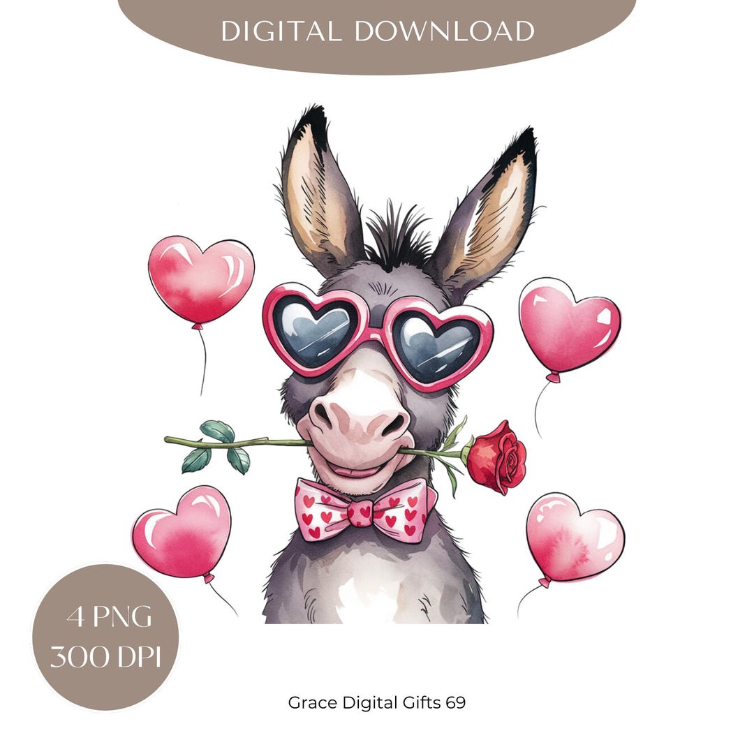Watercolor Donkey Valentine PNG: Farm Animal Clipart (digital Download ...