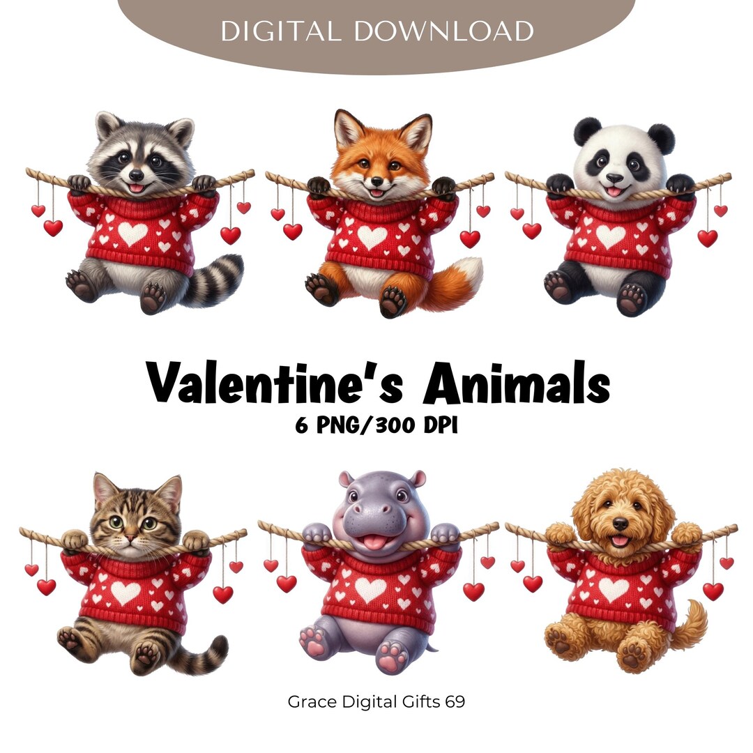 Valentine Cute Animals PNG Bundle: Hanging Animal Valentine Clipart ...