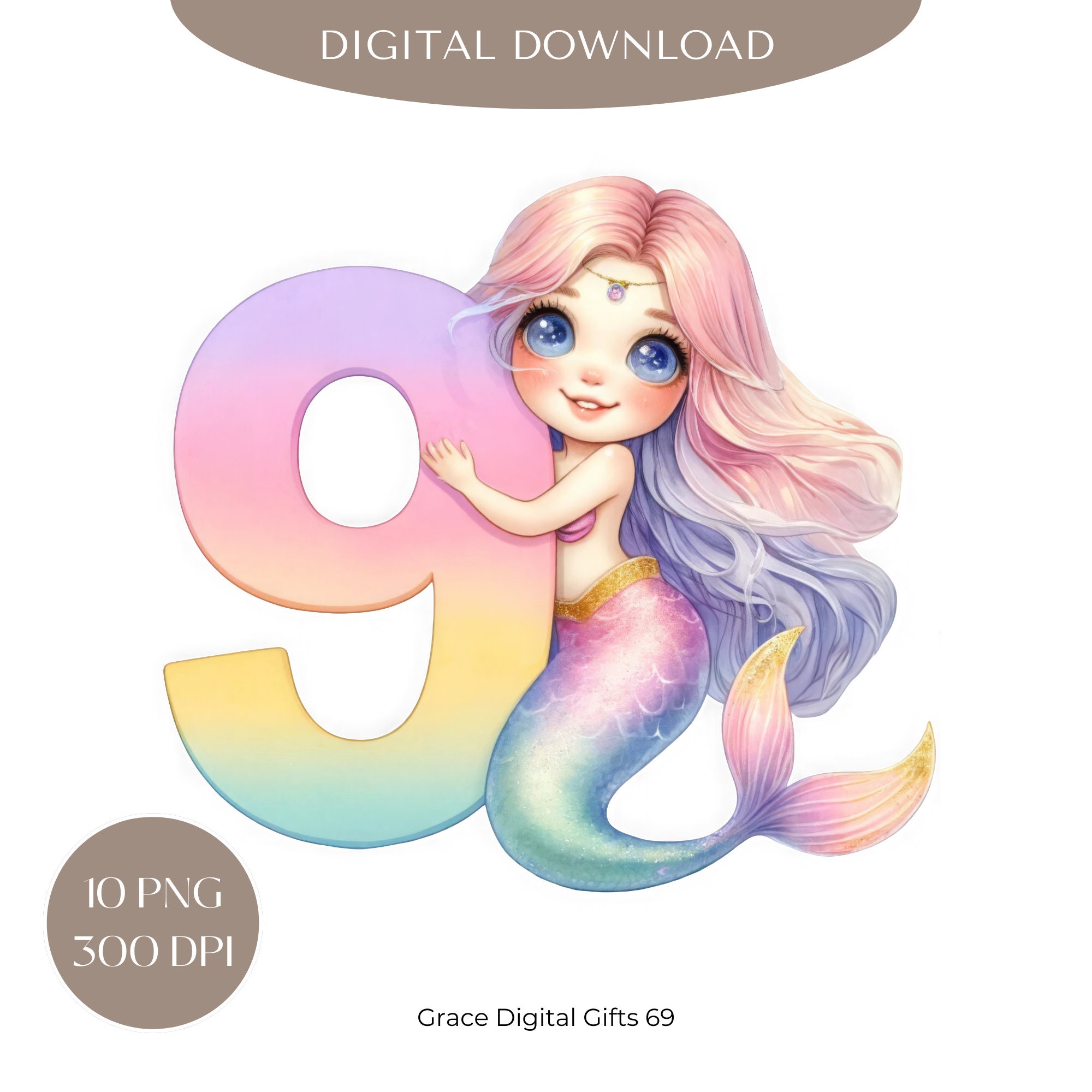 Watercolor Mermaid Birthday Clipart: Alphabet & Numbers (PNG Digital ...