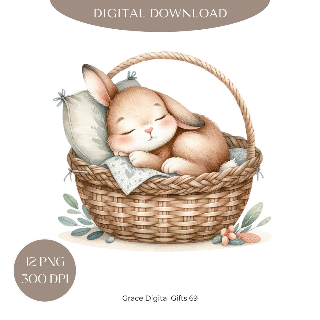Cute Watercolor Sleeping Bunny Clipart PNG Bundle, Boho Bunny, Bunny ...