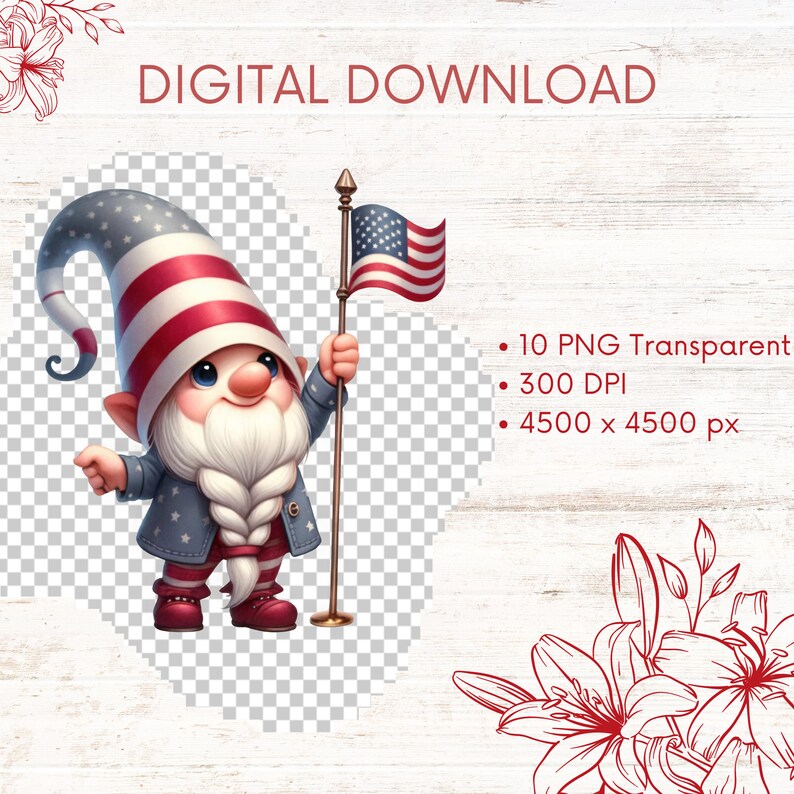 Watercolor 4th of July Gnomes PNG Clipart Bundle, Patriotic Gnome ...