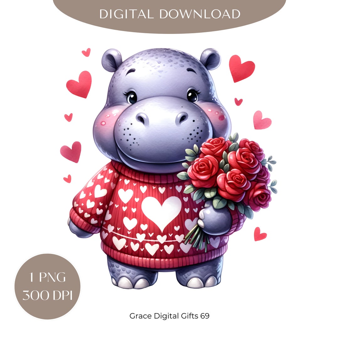 Watercolor Valentines Cute Hippo Clipart PNG, Animals Clipart Nursery ...