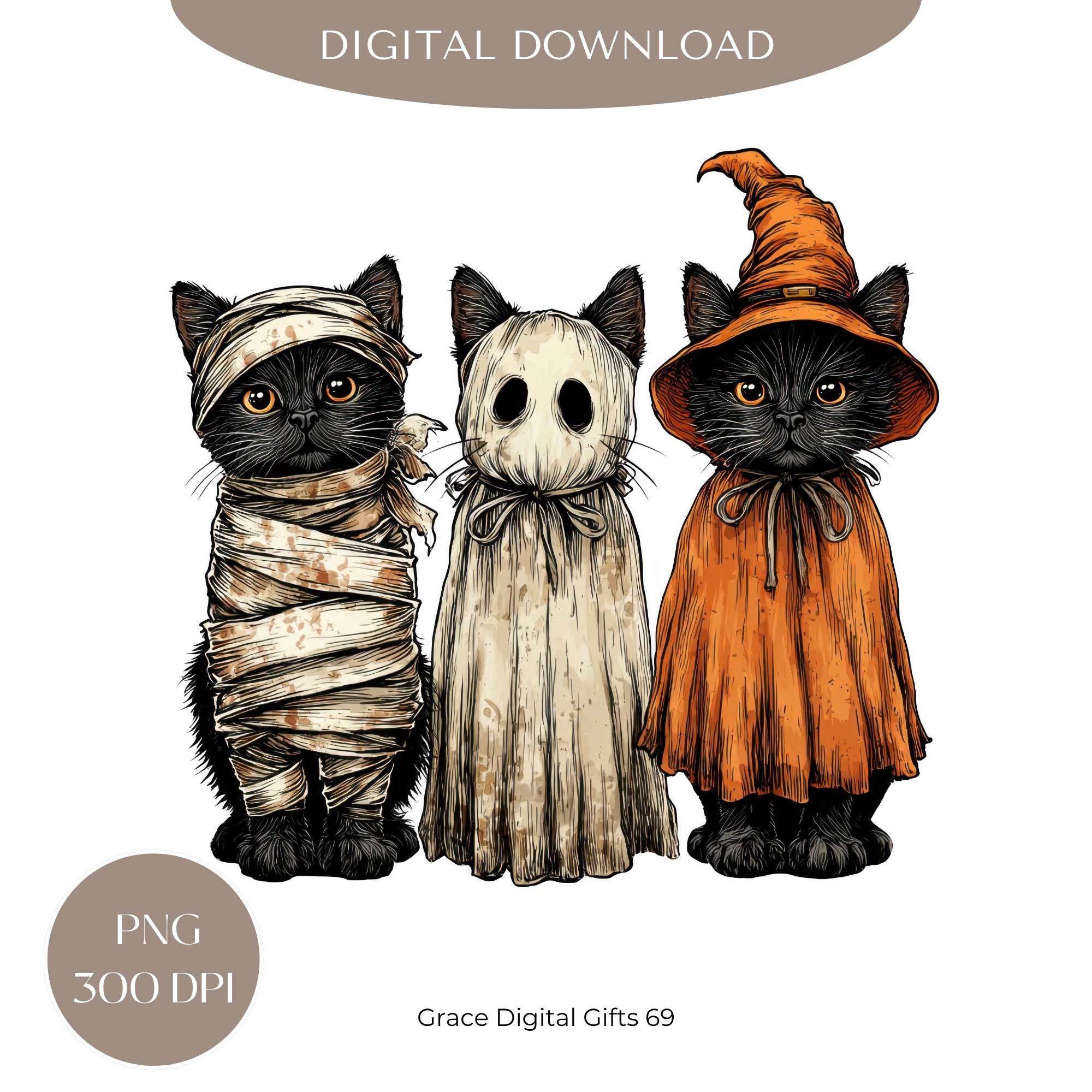 Retro Halloween Black Cat PNG: Spooky Pumpkin Digital Art, Ghost Cat ...