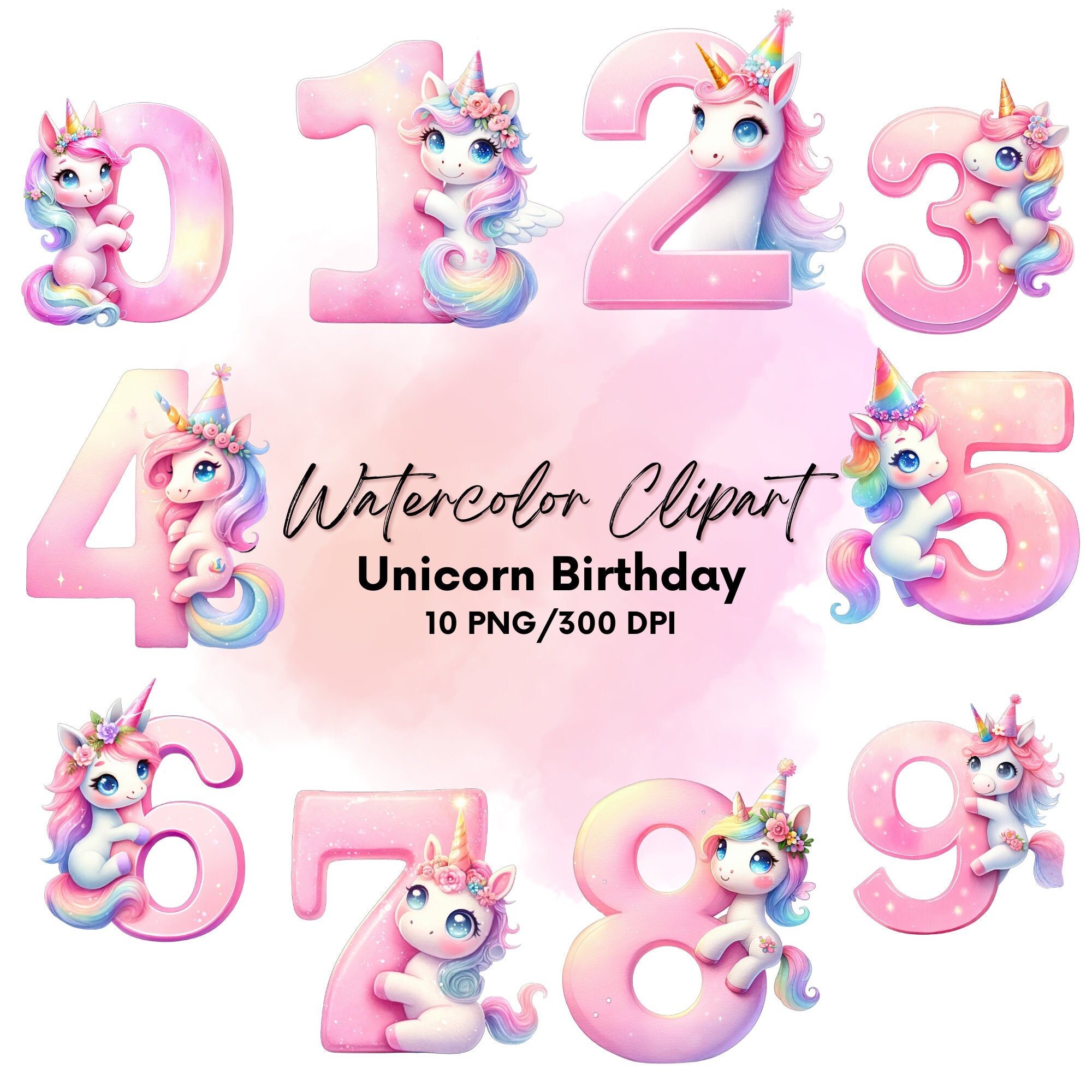 Cute Watercolor Unicorn Birthday Clipart Bundle PNG, Unicorn Alphabet ...