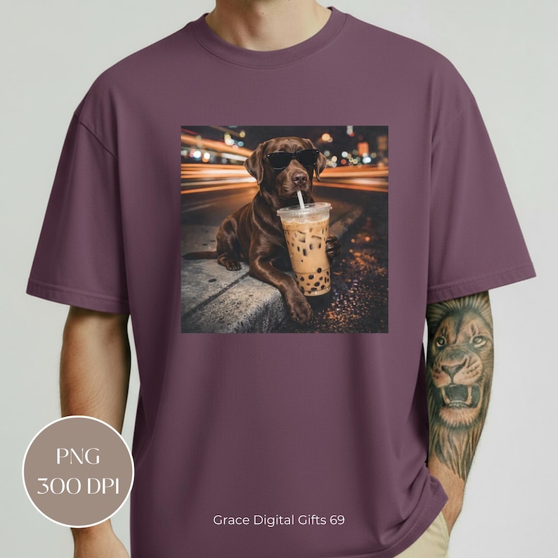 Funny Chocolate Lab Drinking Iced Coffee PNG: Vintage Dog Meme Graphic ...