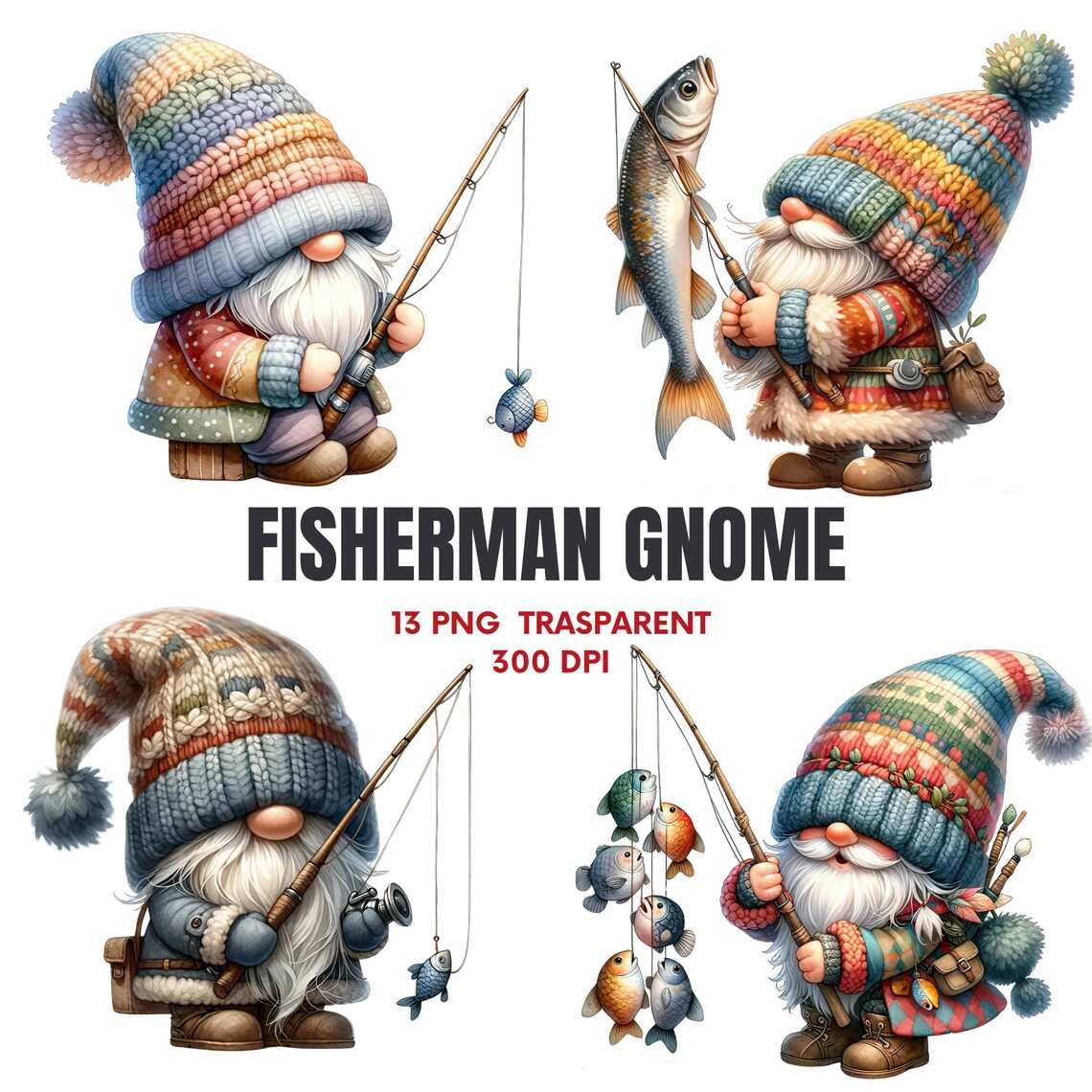 Watercolor Fisherman Gnome Clipart PNG Bundle, Fishing Gnome, Clipart ...