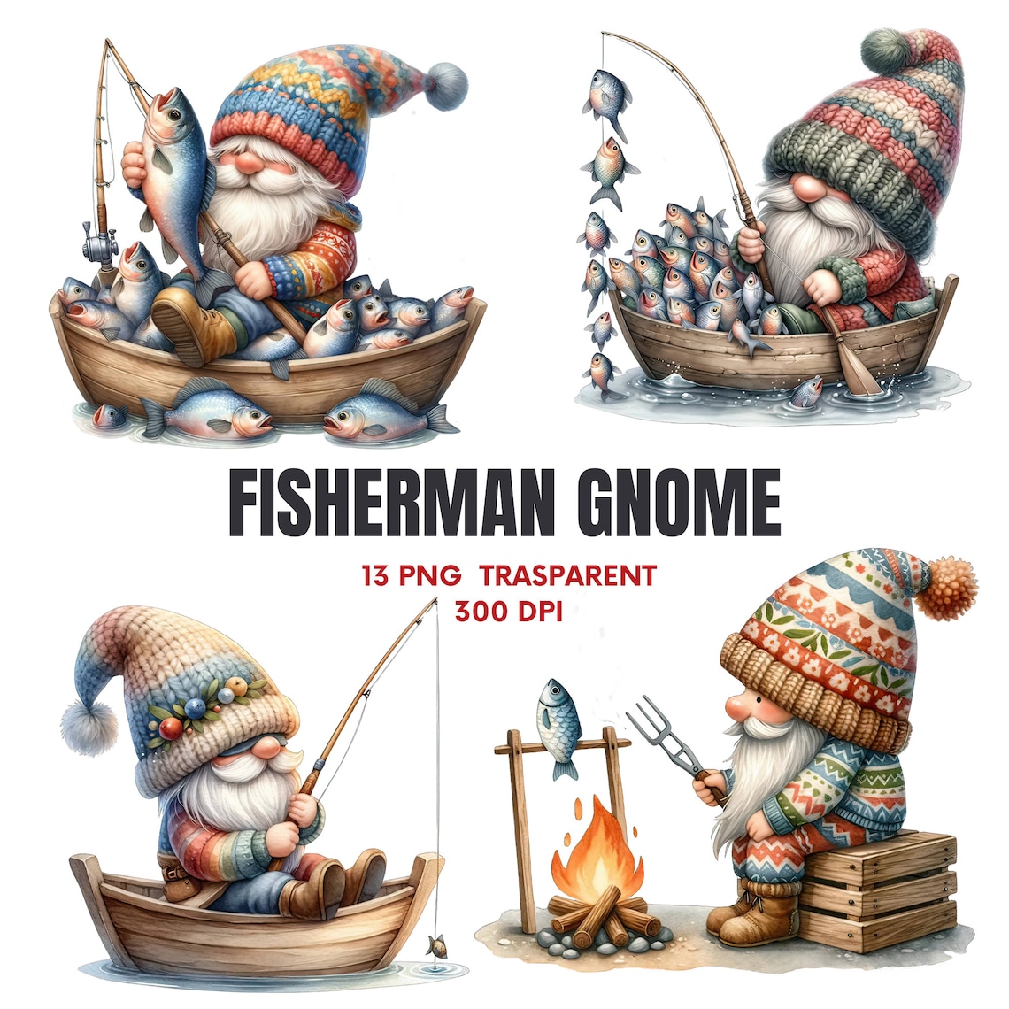 Watercolor Fisherman Gnome Clipart PNG Bundle, Fishing Gnome, Clipart ...
