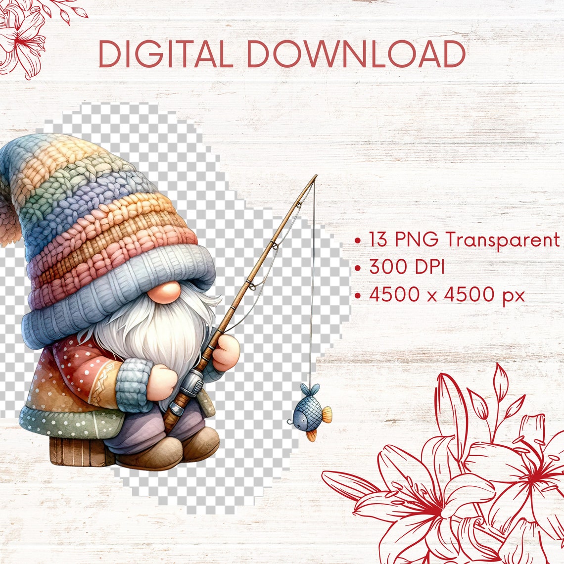 Watercolor Fisherman Gnome Clipart PNG Bundle, Fishing Gnome, Clipart ...