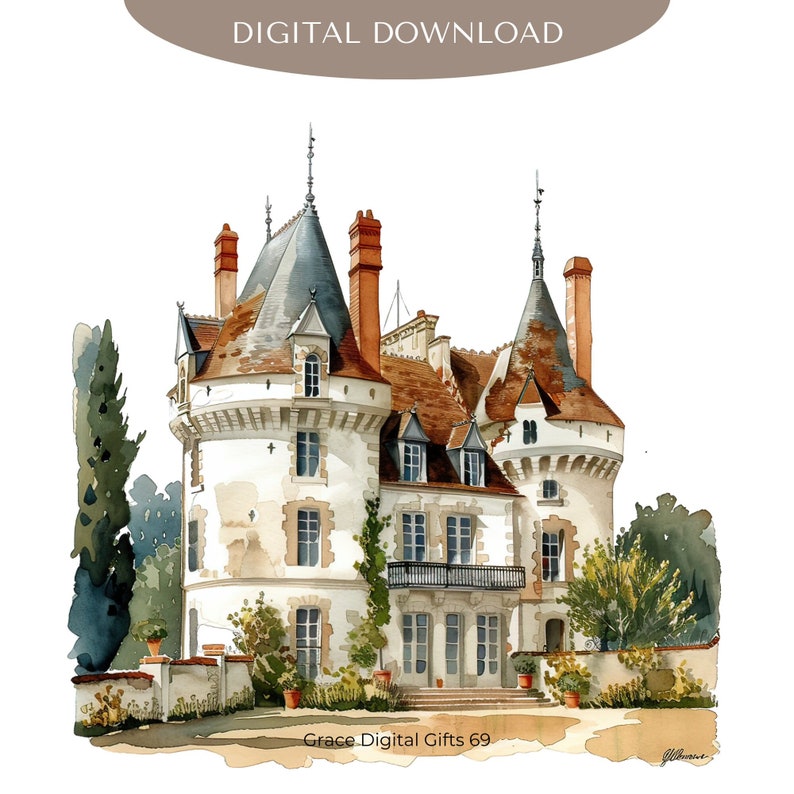 40 Watercolor French Chateau Clipart Bundle, French Manor House, Card ...