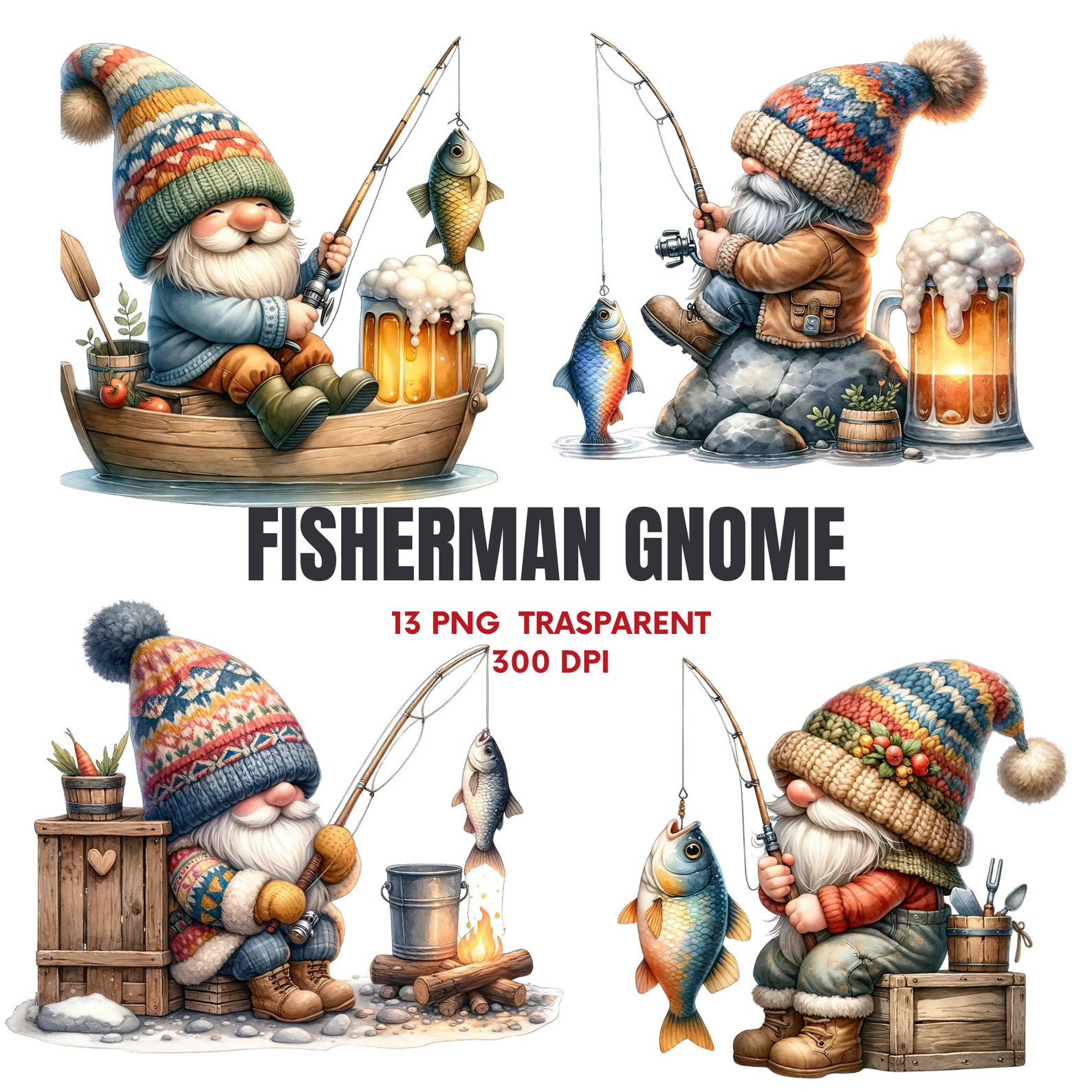 Watercolor Fisherman Gnome Clipart PNG Bundle, Fishing Gnome, Clipart ...