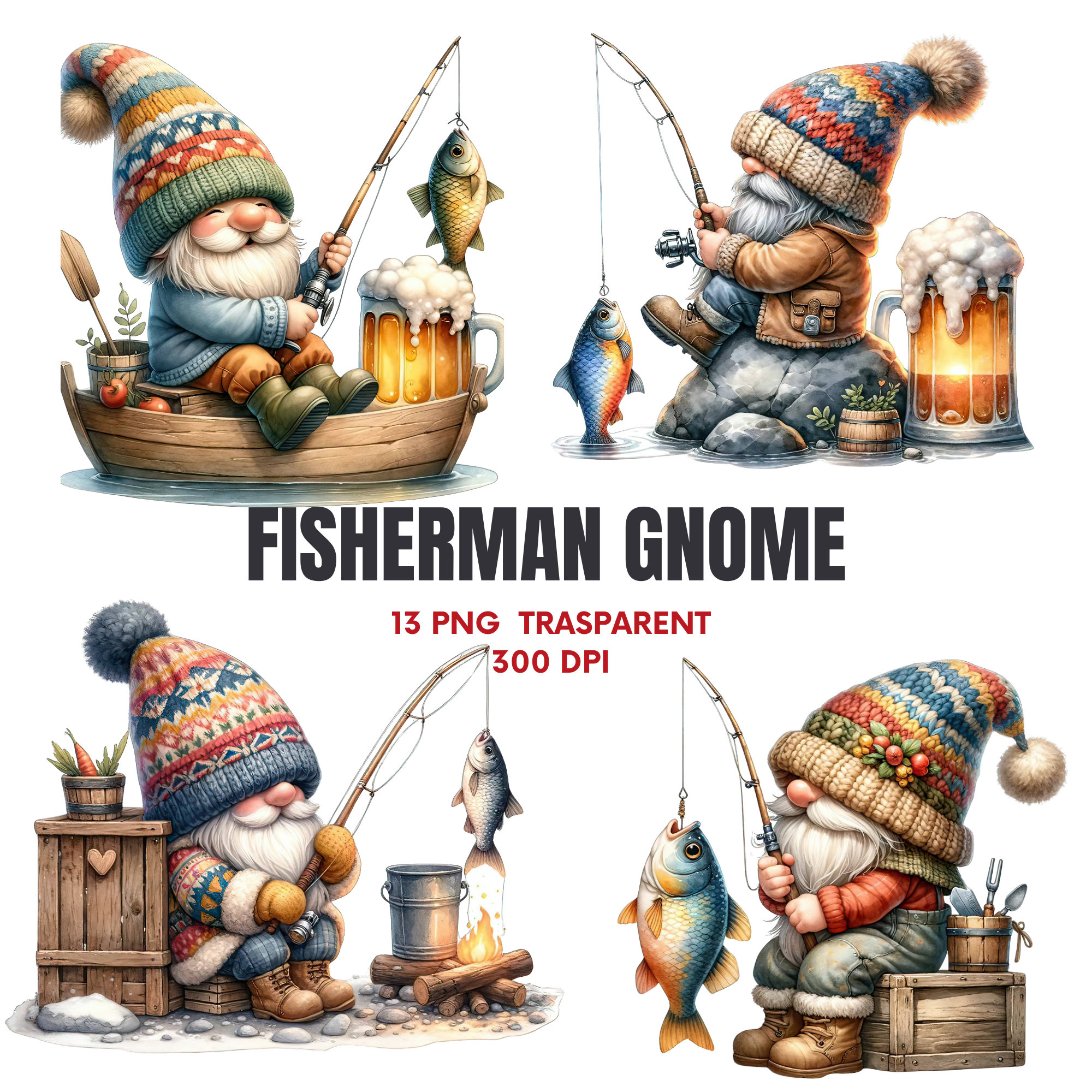 Watercolor Fisherman Gnome Clipart PNG Bundle, Fishing Gnome, Clipart ...