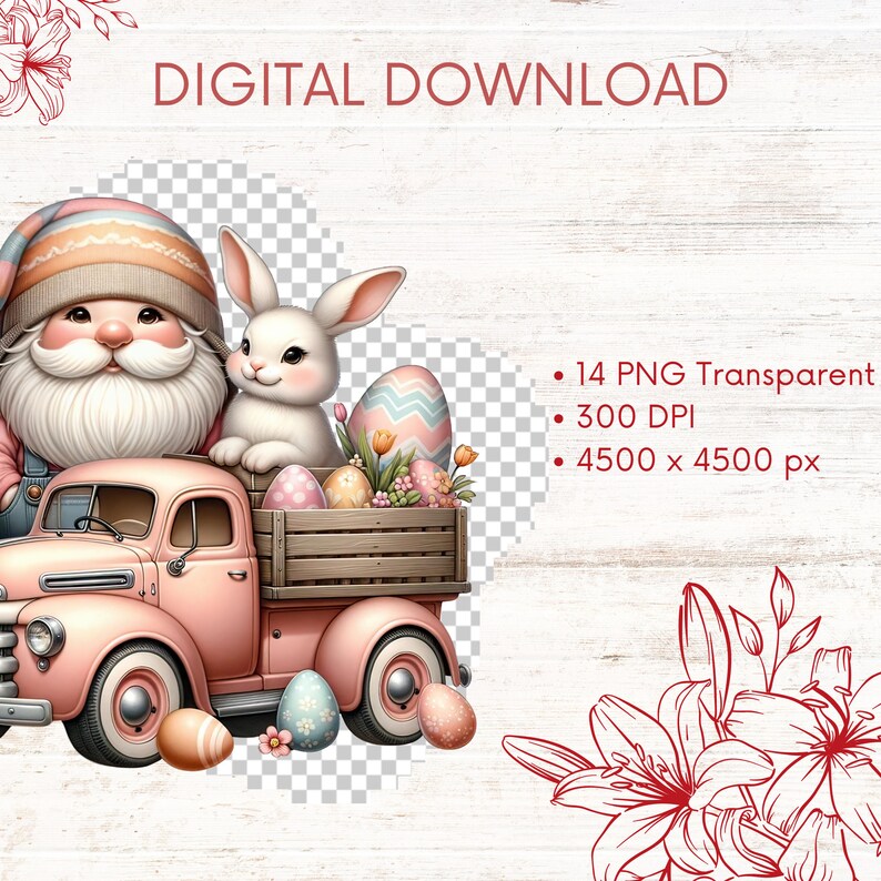 Easter Gnomes With Vintage Truck Clipart Bundle, Spring Gnomes PNG ...