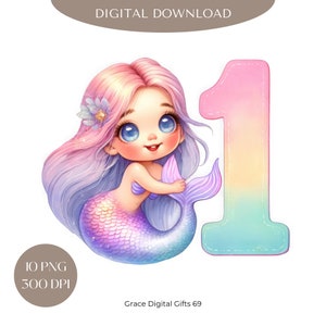 Watercolor Mermaid Birthday Clipart: Alphabet & Numbers (PNG Digital ...