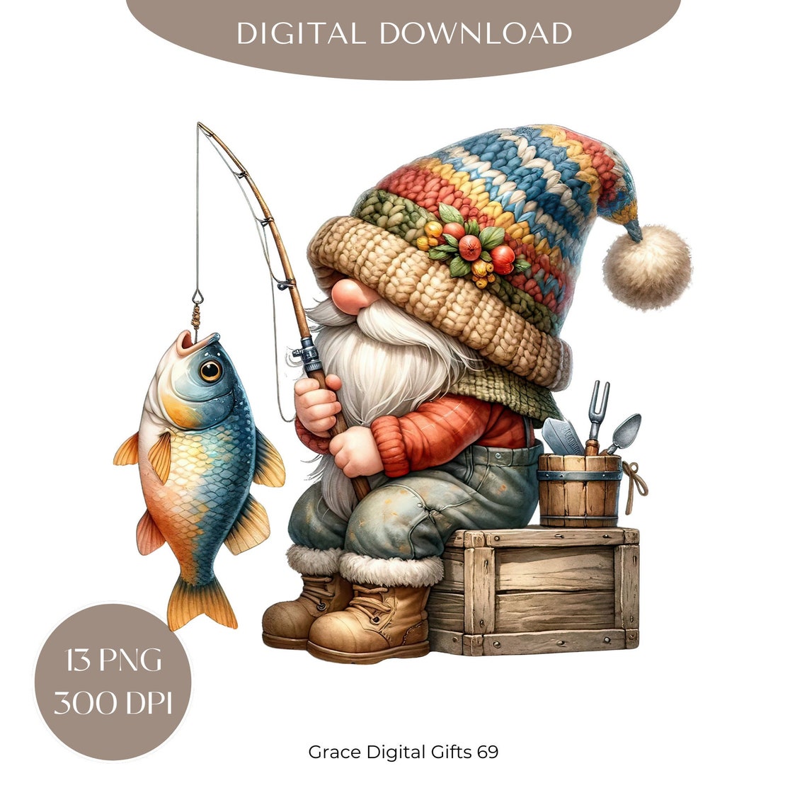 Watercolor Fisherman Gnome Clipart PNG Bundle, Fishing Gnome, Clipart ...