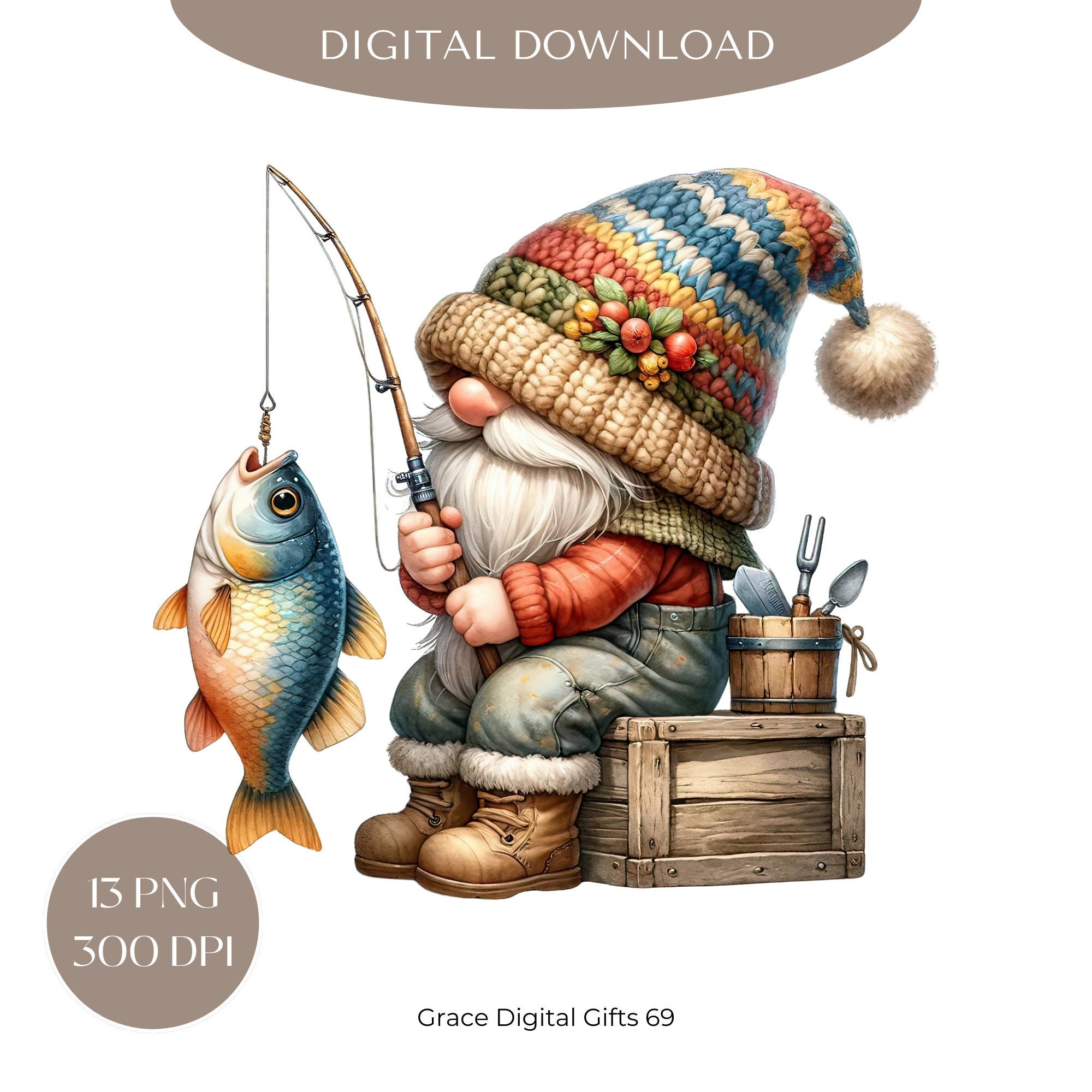 Watercolor Fisherman Gnome Clipart PNG Bundle, Fishing Gnome, Clipart ...