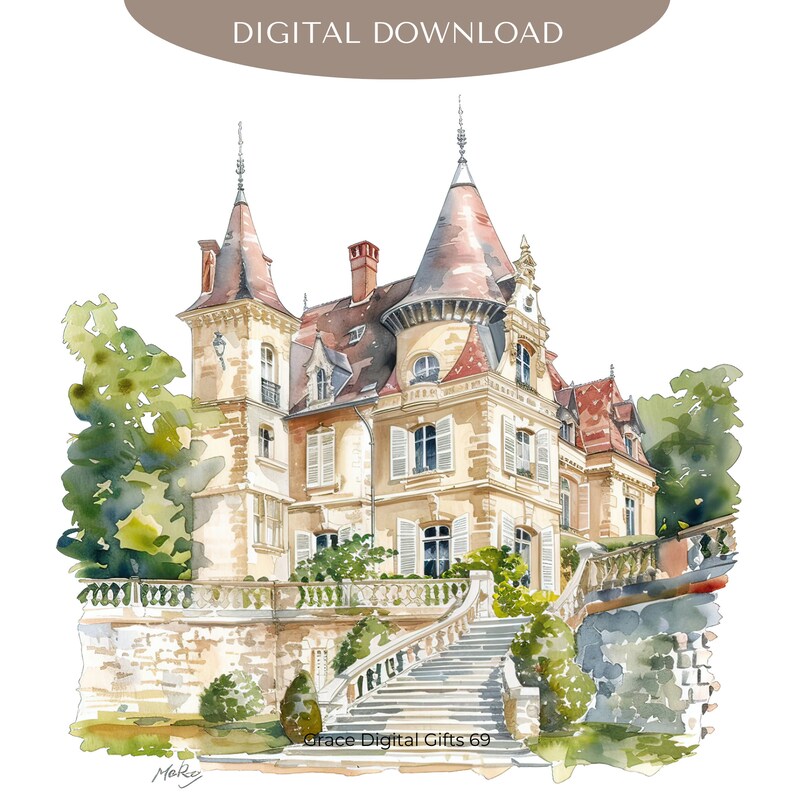 40 Watercolor French Chateau Clipart Bundle, French Manor House, Card ...