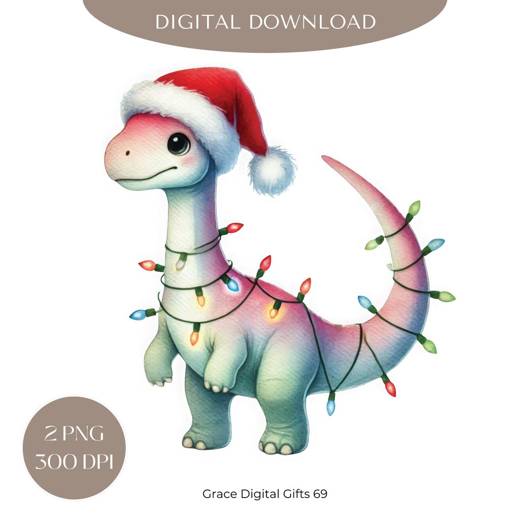 Watercolor Santa Dinosaur PNG: Christmas Lights Clipart (digital ...