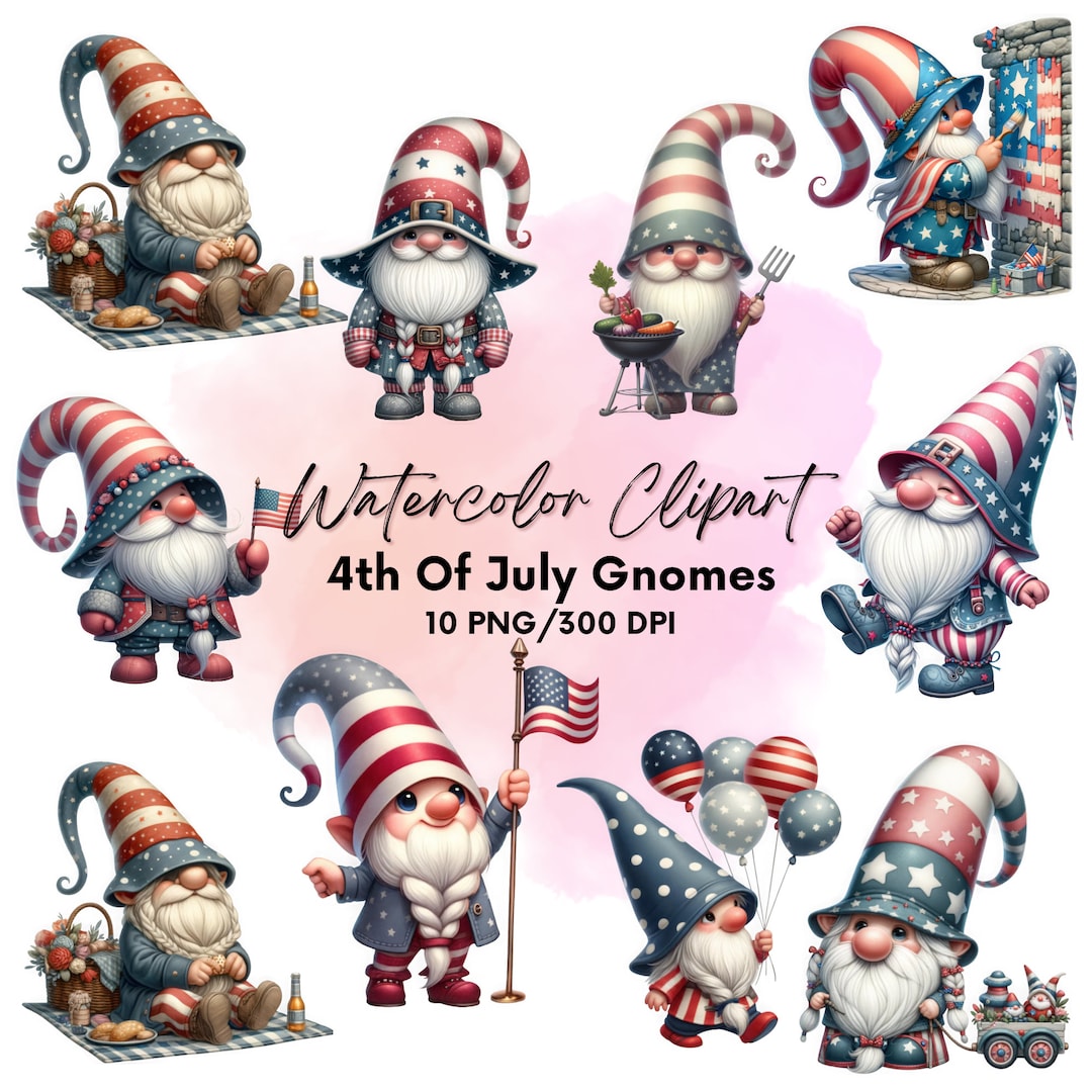 Watercolor 4th of July Gnomes PNG Clipart Bundle, Patriotic Gnome ...