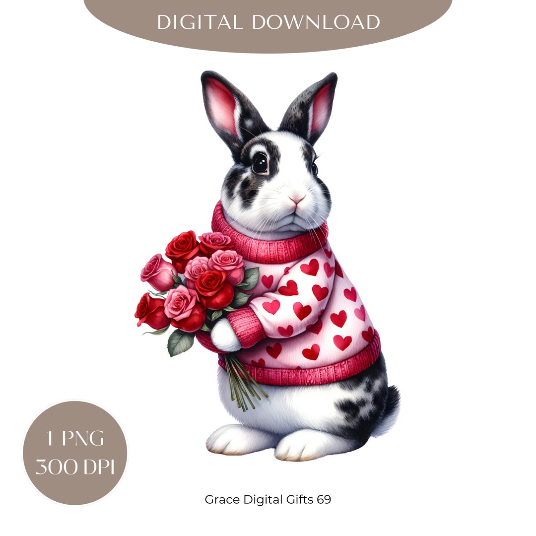 Watercolor Valentines Bunny Clipart PNG, Nursery Animal Art (digital ...