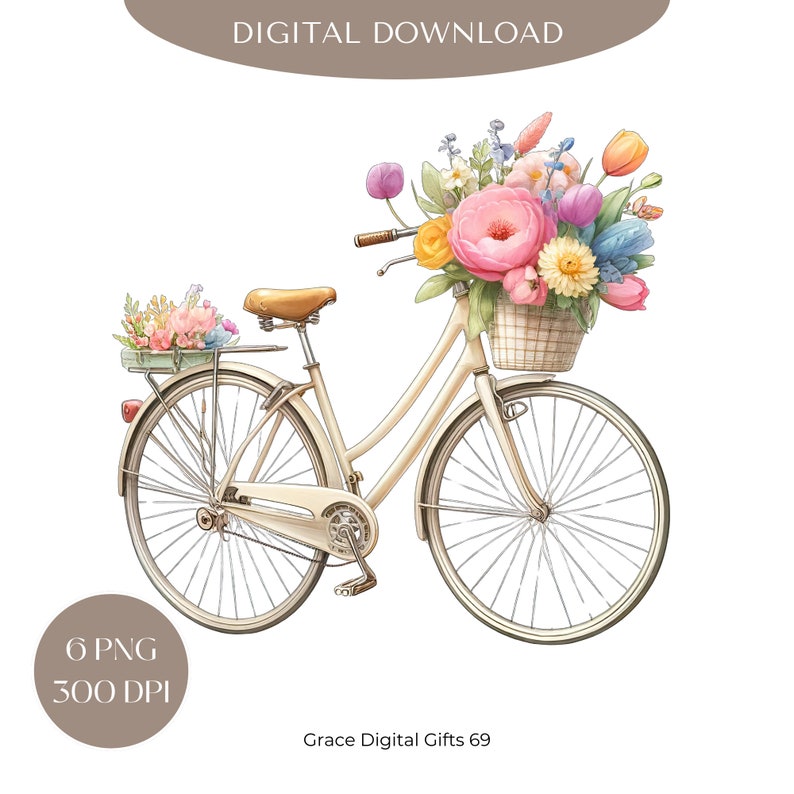 6 PNG Watercolor Bicycles With Flowers Clipart, Spring Flowers, Floral ...