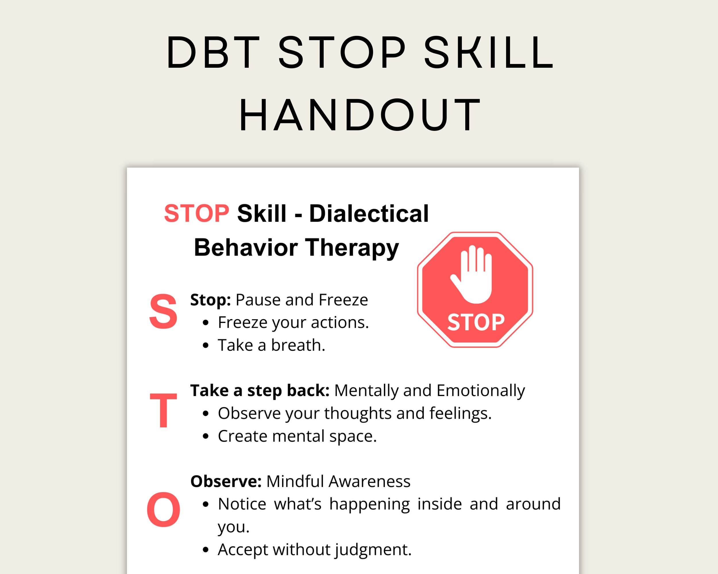 STOP Skill Handout Sheet: DBT Digital Download for Mindful Decision ...