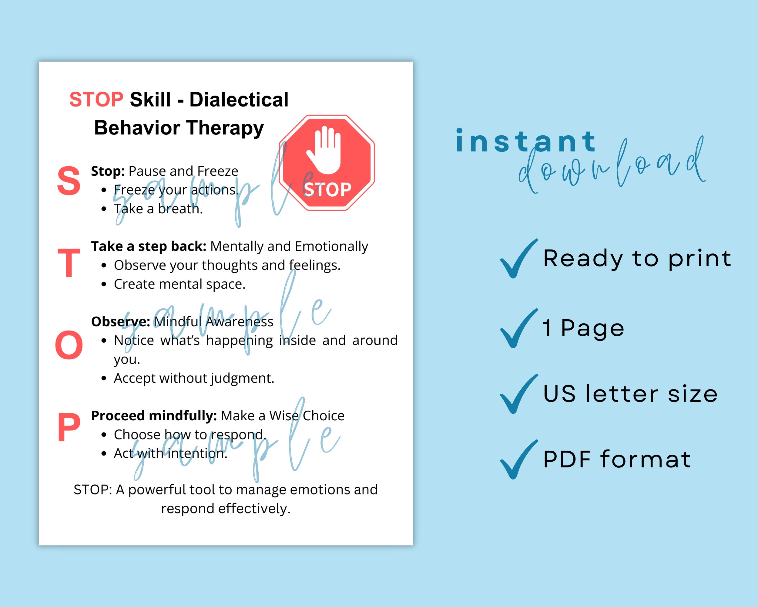 STOP Skill Handout Sheet: DBT Digital Download, Dialectical Behavior ...