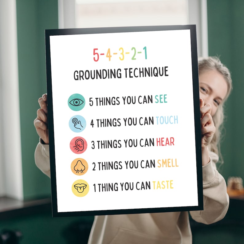 54321 Grounding Technique Poster Coping Skills Printable 5 Senses Mindfulness Therapy Office ...