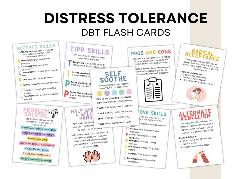 DBT Distress Tolerance, Dialectical Behavior Therapy Flash Cards, Cheat ...