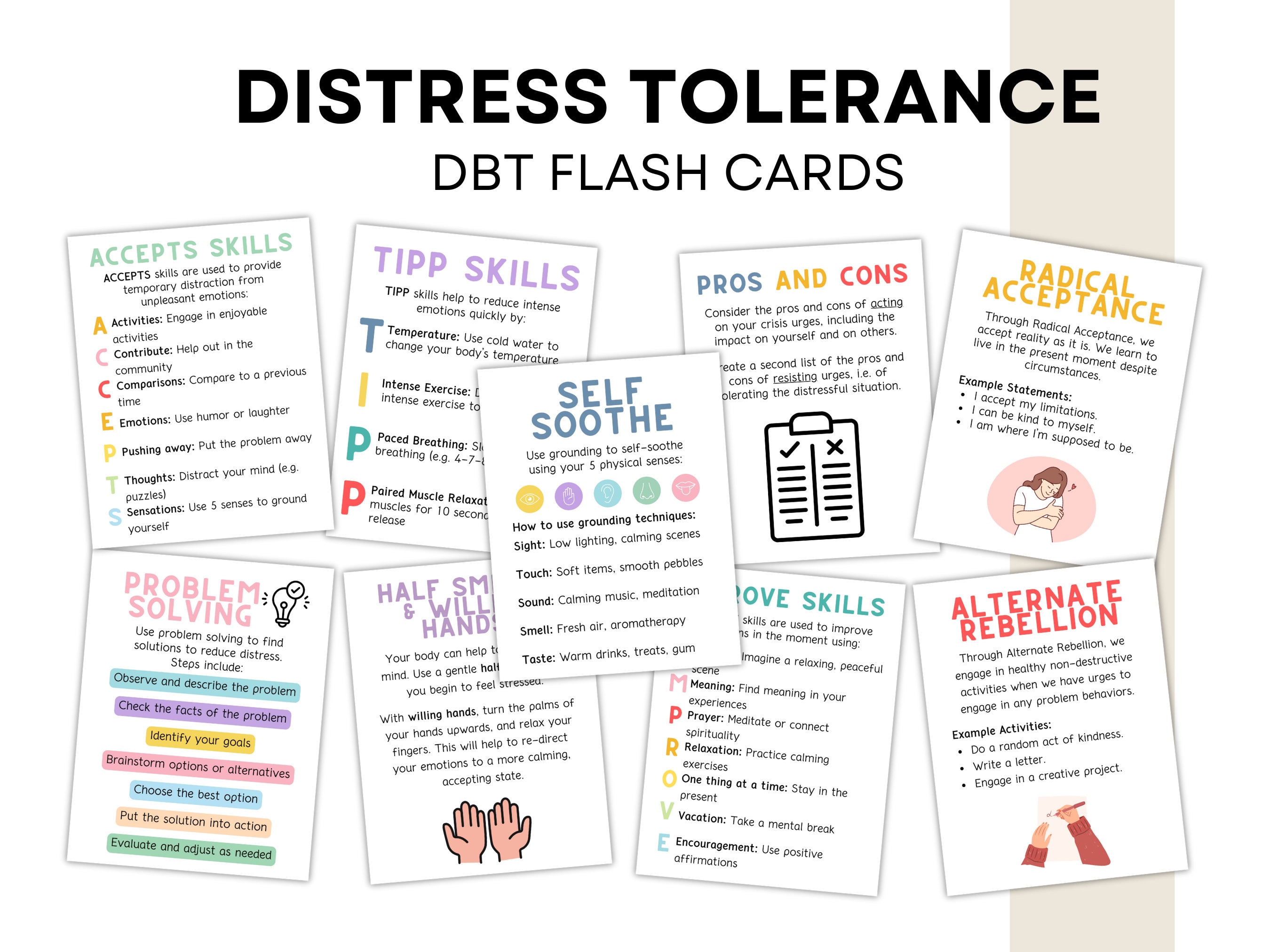 DBT Distress Tolerance, Dialectical Behavior Therapy Flash Cards, Cheat ...