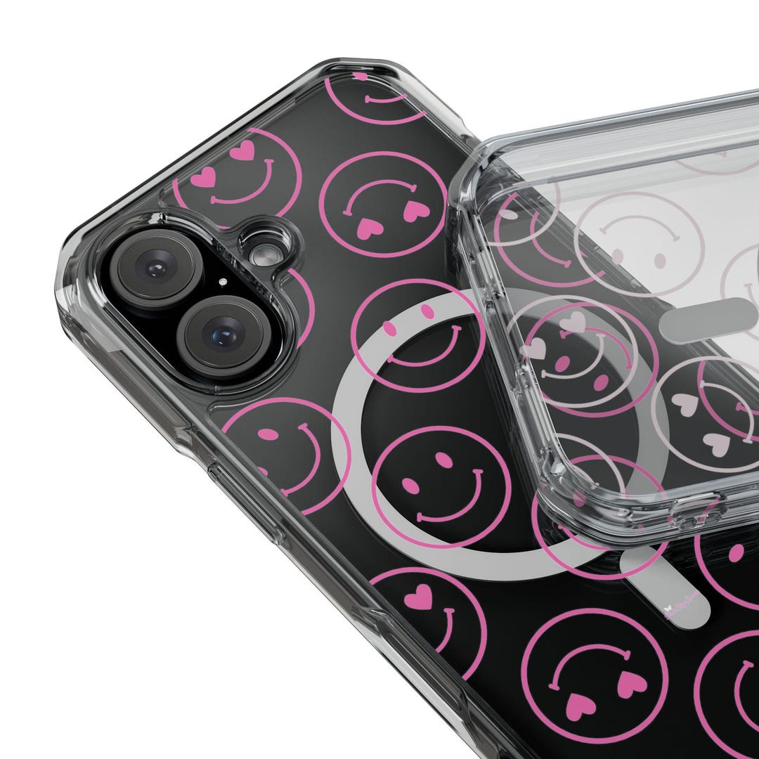 Pink Smilies Magnetic Clear Impact iPhone Case, Happy Face Phone Case ...
