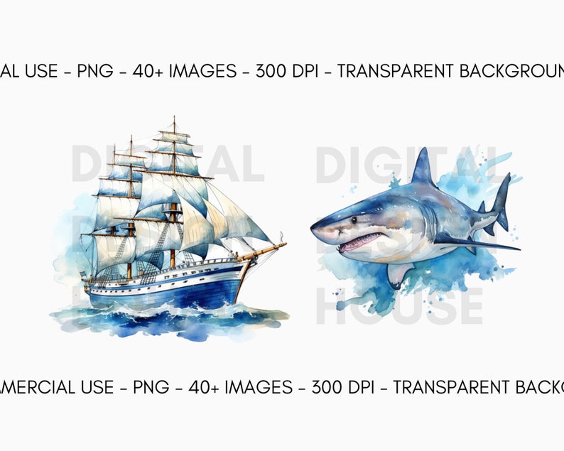 40+ Ocean Nautical Watercolor Clipart PNG Dolphin Shark Seashell Waves ...