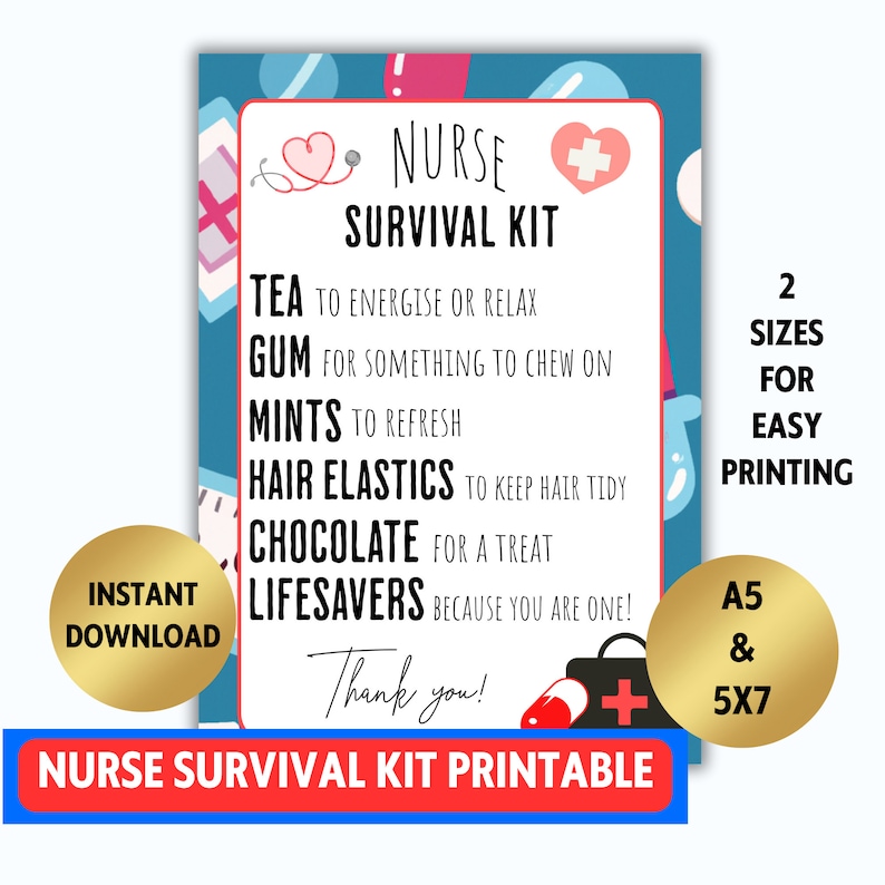 Nurse Survival Kit Printable Card | Nursing Home | Nurse Appreciation ...