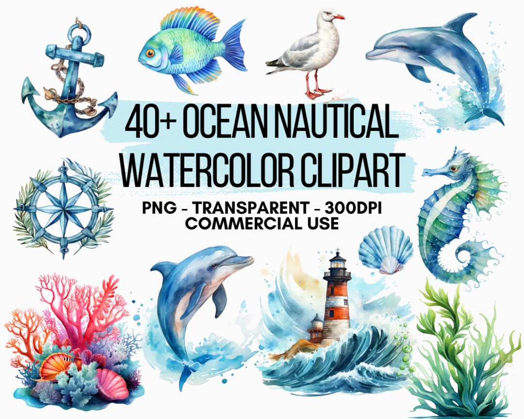 40+ Ocean Nautical Watercolor Clipart PNG Dolphin Shark Seashell Waves ...
