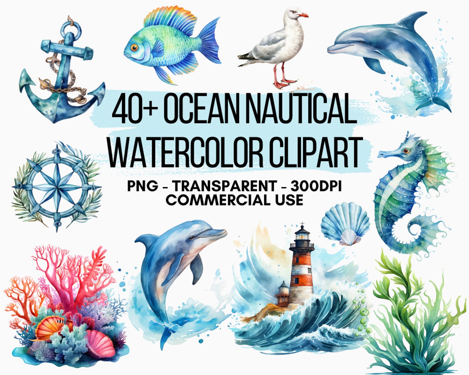 40+ Ocean Nautical Watercolor Clipart PNG Dolphin Shark Seashell Waves ...