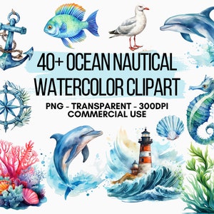 40+ Ocean Nautical Watercolor Clipart PNG Dolphin Shark Seashell Waves ...