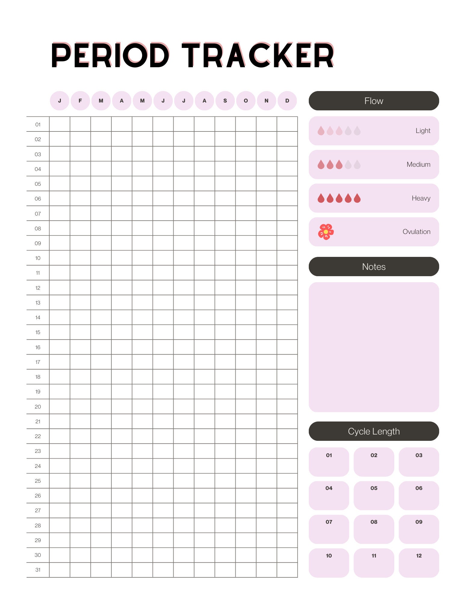 Period Tracker, Printable Ovulation Tracker, Journal, Cycle Length, Fertility Planner, PCOS ...