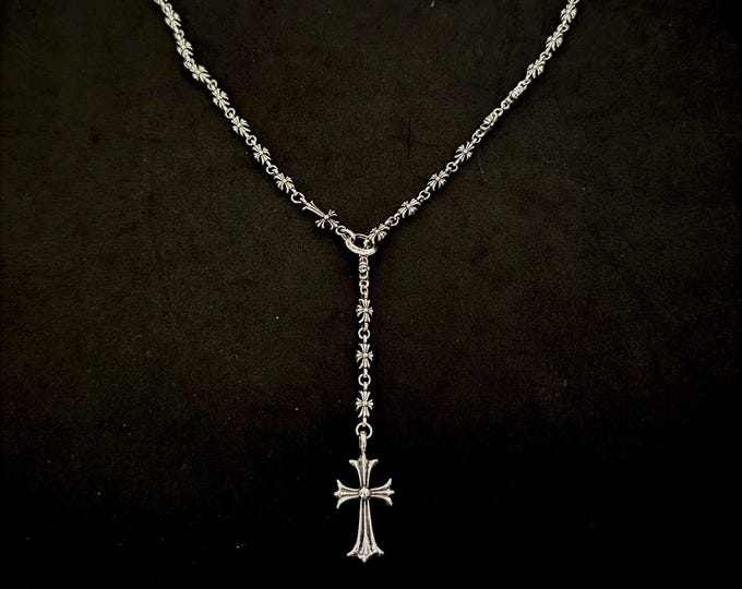 CH Gothic Style Rosary Y2K Punk Cross Necklace Chrome Silver Adjustable ...