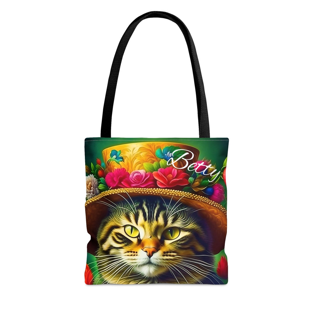 Personalized Cat Tote Bag, Cute Tabby Grey Cat in Floral Hat Cat Print ...