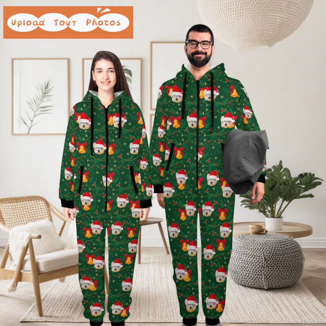 Custom Face Couple Matching Jumpsuit, Funny Face Flannel Fleece Adult ...