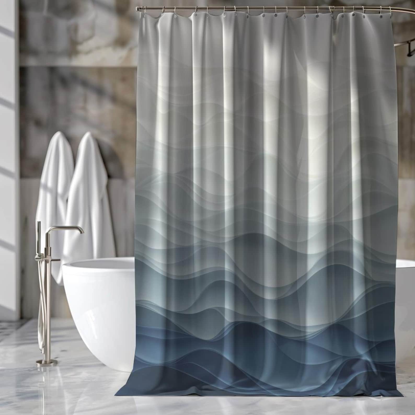 Blue Waves Ombre Design Shower Curtain Blue Sea Shower Curtain Boho ...