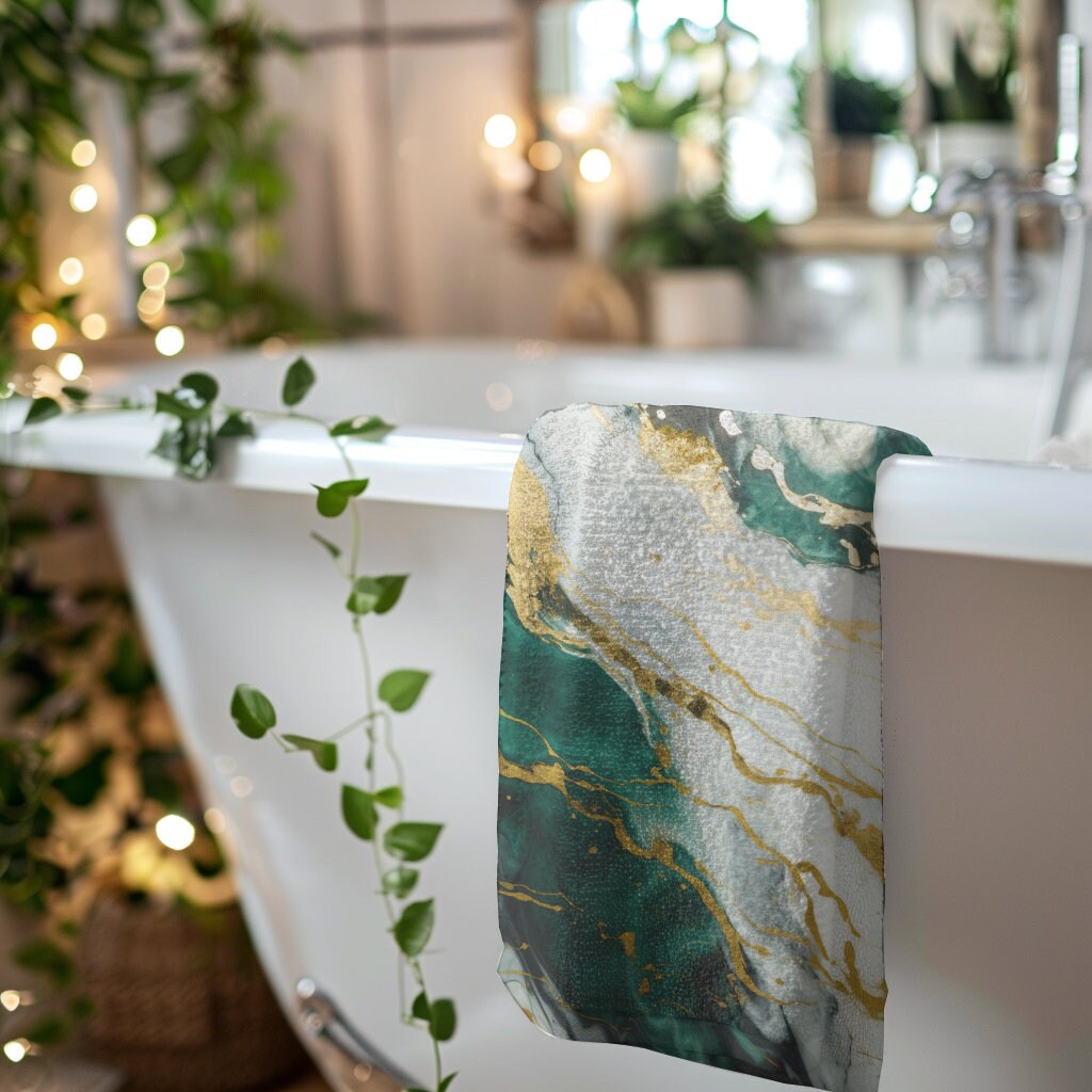 Bold Gold Marble Hand Towel Green Gold Towel Abstract for Bath ...