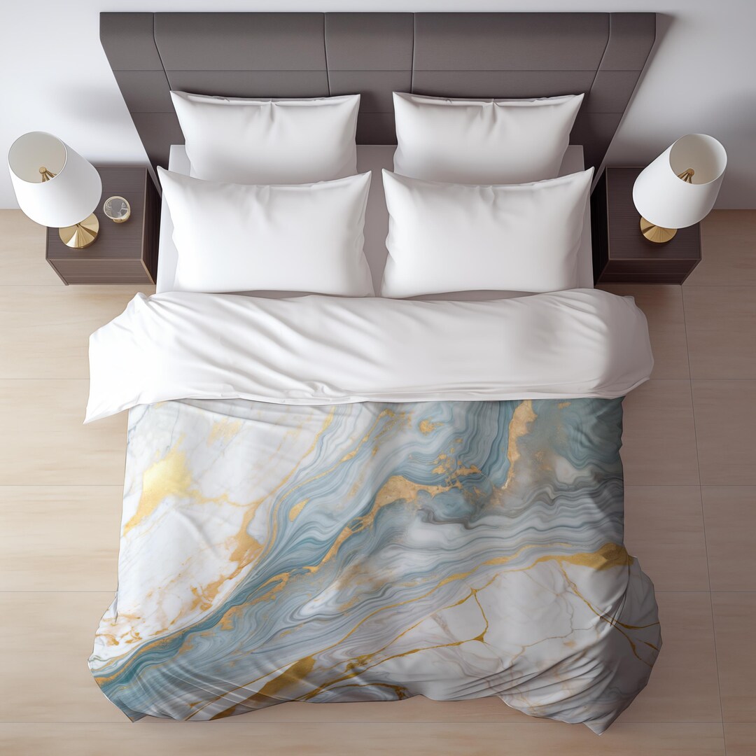 Blue Gold Comforter Marble Bedding Marble Inspired Comforter Abstract ...