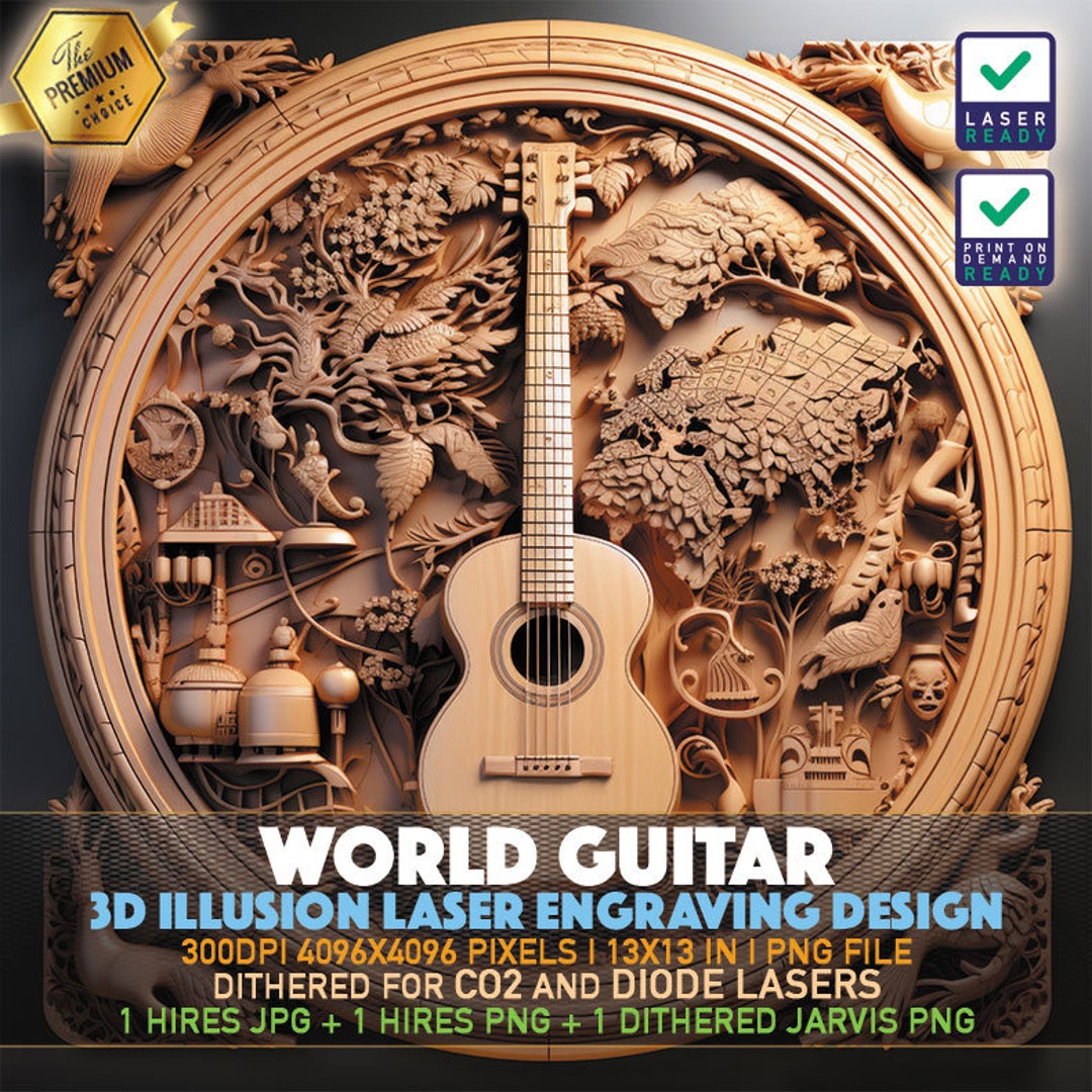 World Guitar | Acustic Guitar | Laser Engraving File | 3D Illusion PNG ...