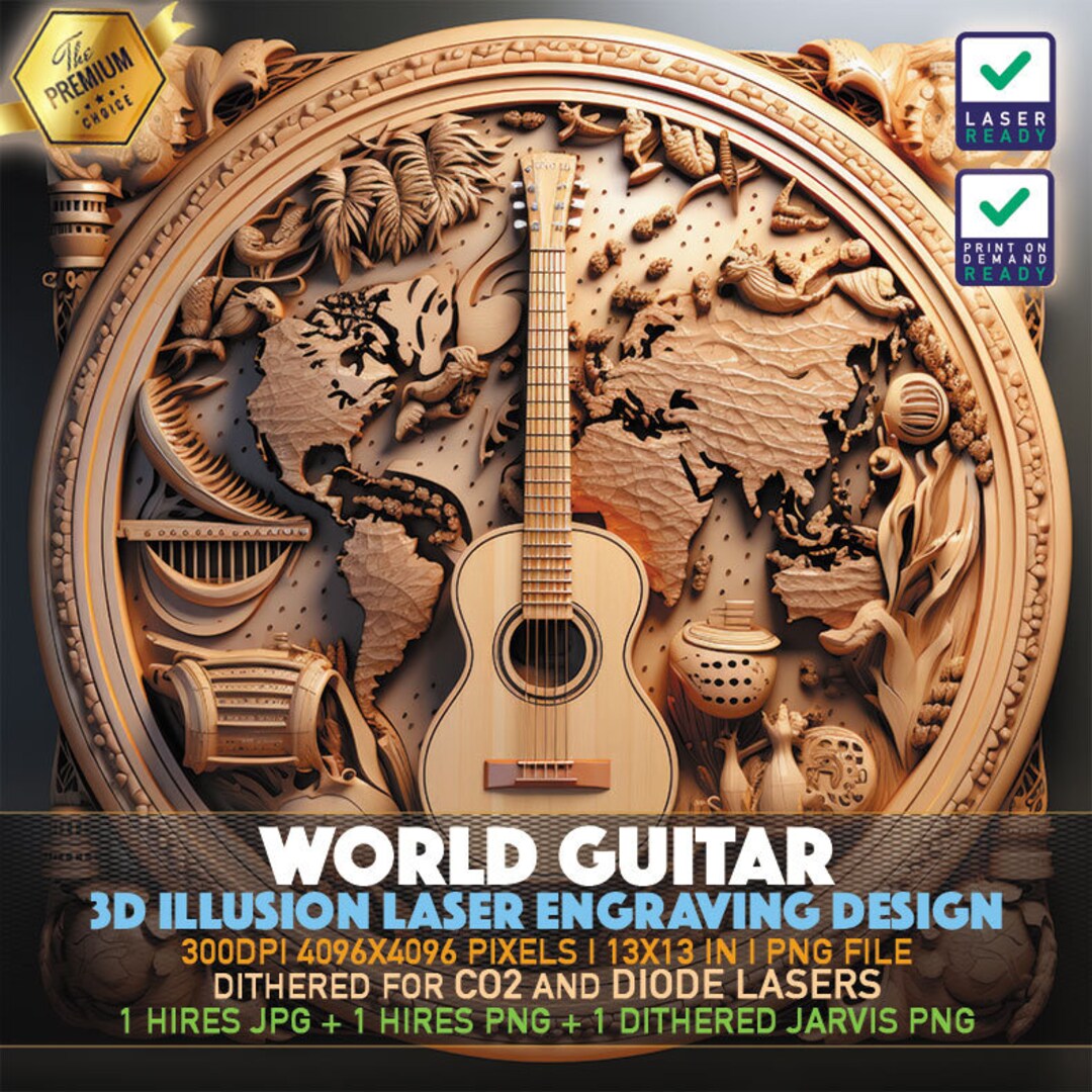 World Guitar Acustic Guitar Laser Engraving File 3D Illusion PNG ...