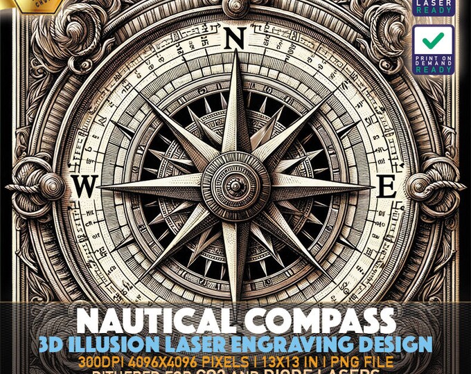 Laser Engrave PNG of a Compass With Map Background | 3D Illusion Burn ...
