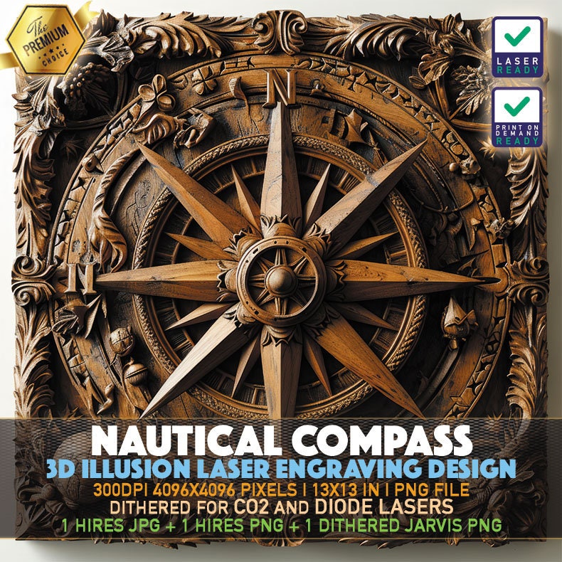 Nautical Compass | Old Compass | Laser Engraving File | 3D Illusion PNG ...