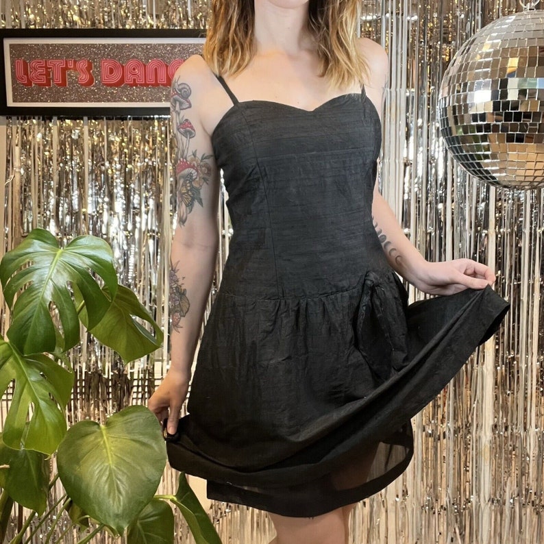 Vintage 80s Party Dress 1980s Short Strappy Cocktail Dress Black Size