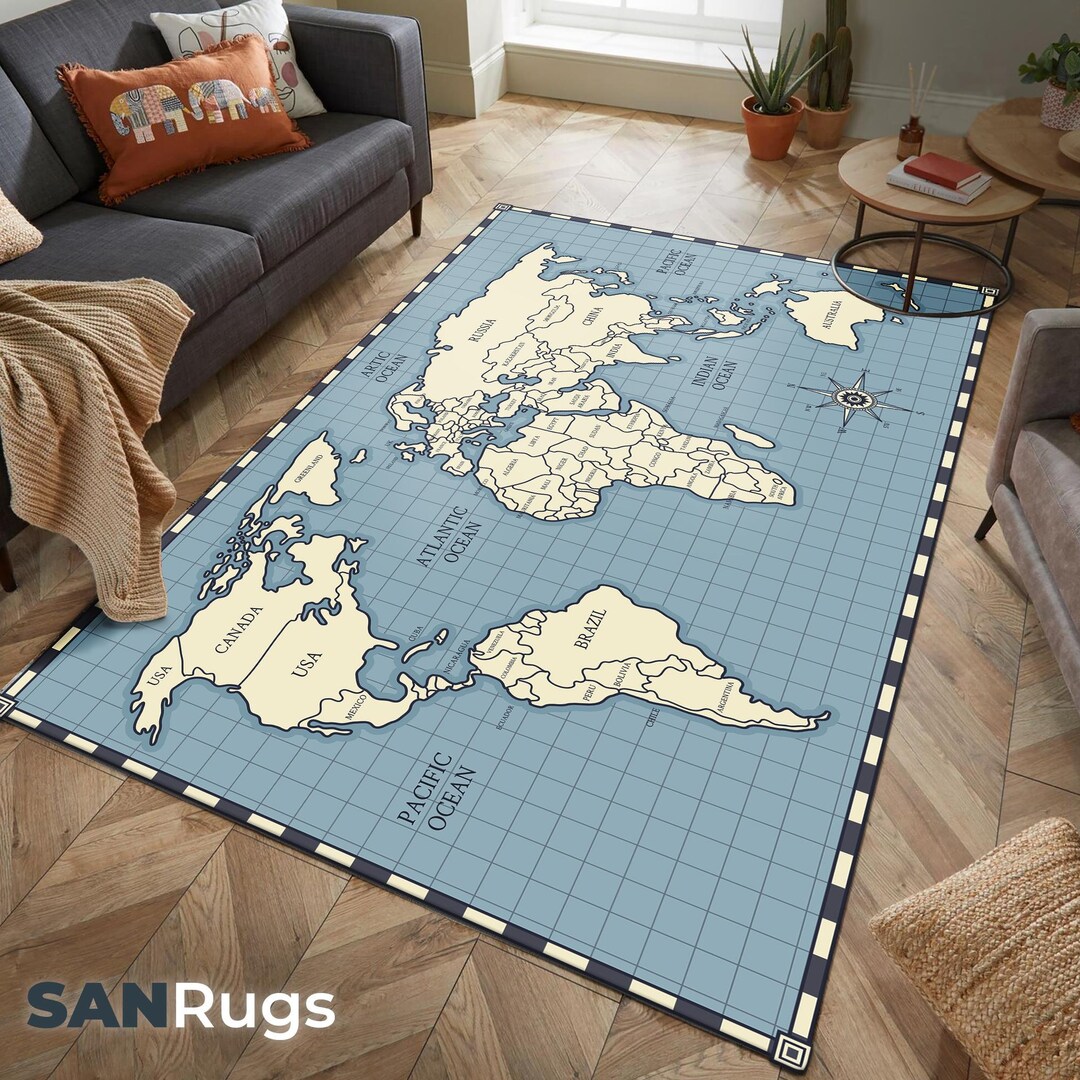 Vintage Design World Map Rug, Geography Themed Carpet, High-quality ...