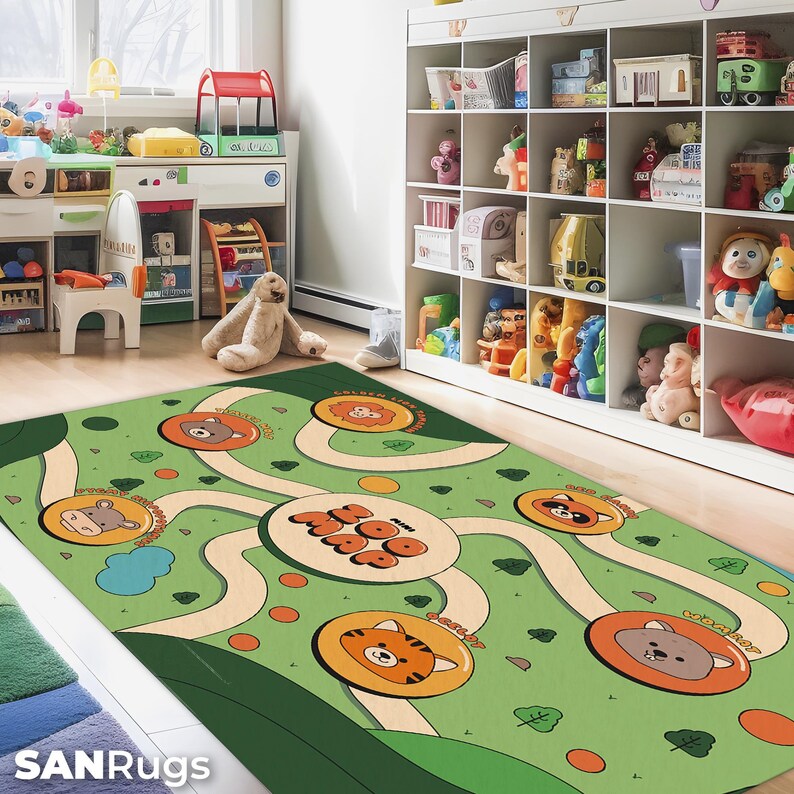 Educational Zoo Map Rug for Kids, Animal Cartoon Cute Carpet, Kids Game ...