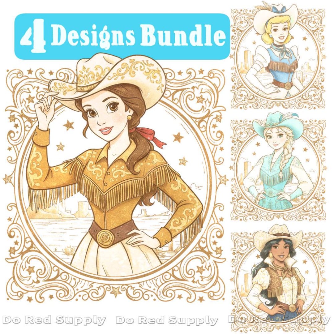 Retro Cowgirl Princess Png BUNDLE, Vintage Western Princess Design ...